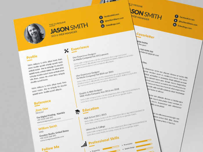 Free Yellow Themed Resume Template with Cover Letter