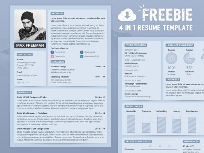 Stunning Resume Template - Free 4 in 1 Resume Template in PSD Format