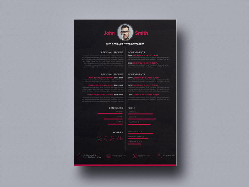 Free Dark Resume Template with Minimalistic Style Design