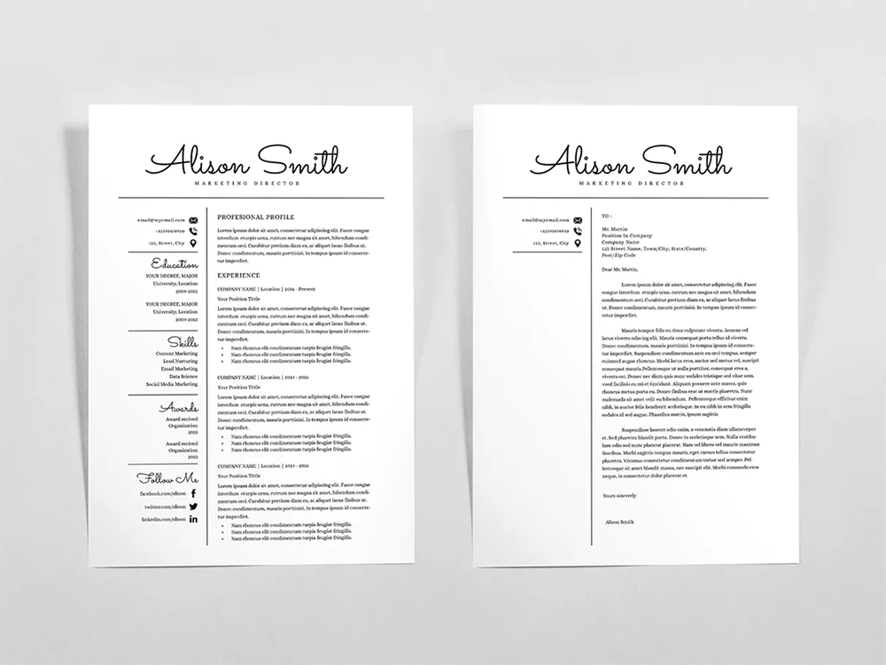 Free Classical Resume Template with Matching Cover Letter Design