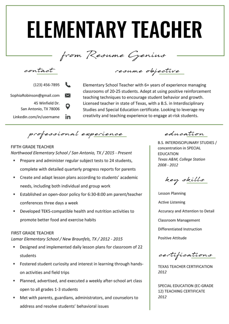 Free Elementary Teacher Resume Template with Clean and Simple Look