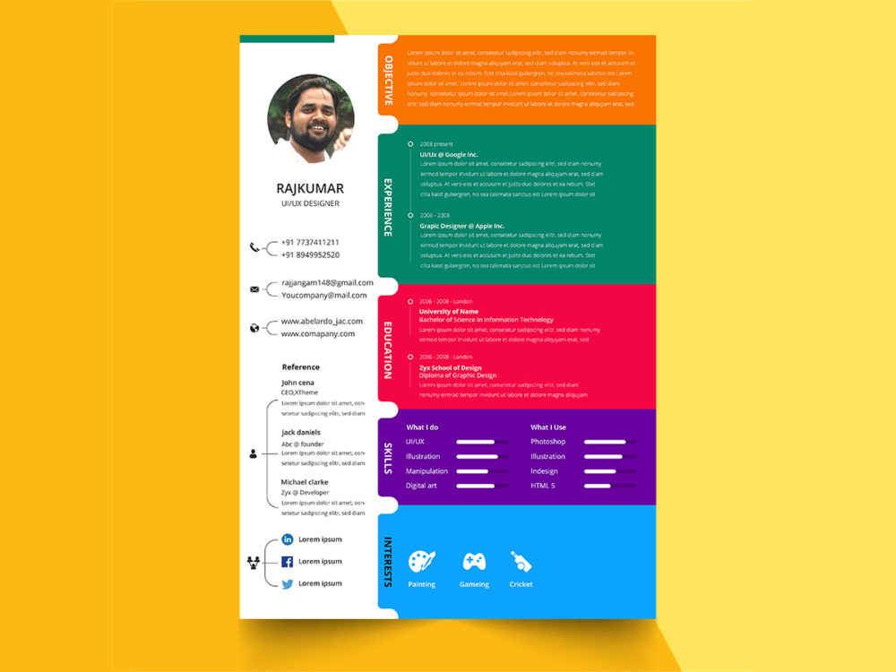 Free Colorful PSD Resume Template with Stylish Design