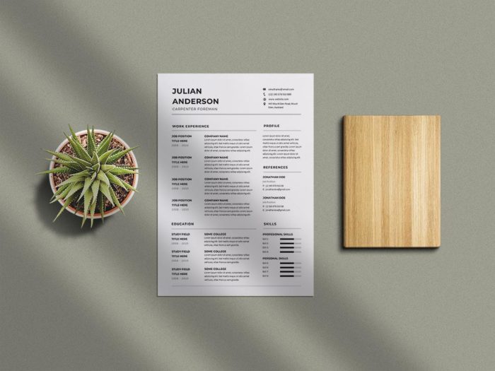 Free Carpenter Resume Template with Minimal and Elegant Look