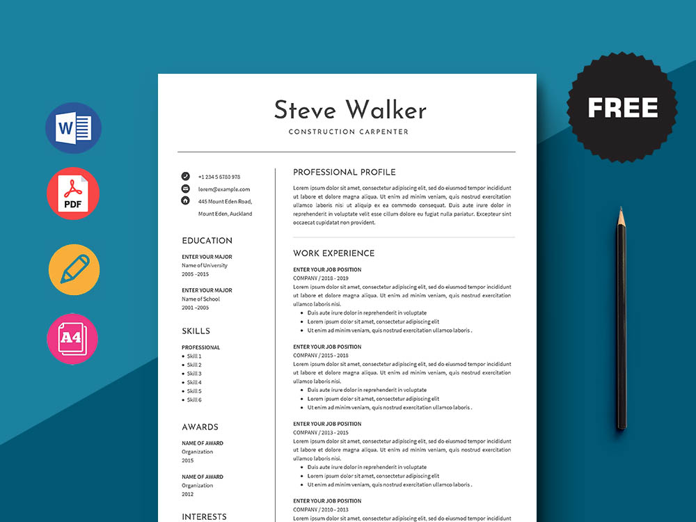Free Construction Carpenter Resume Template with Clean and Elegant Look