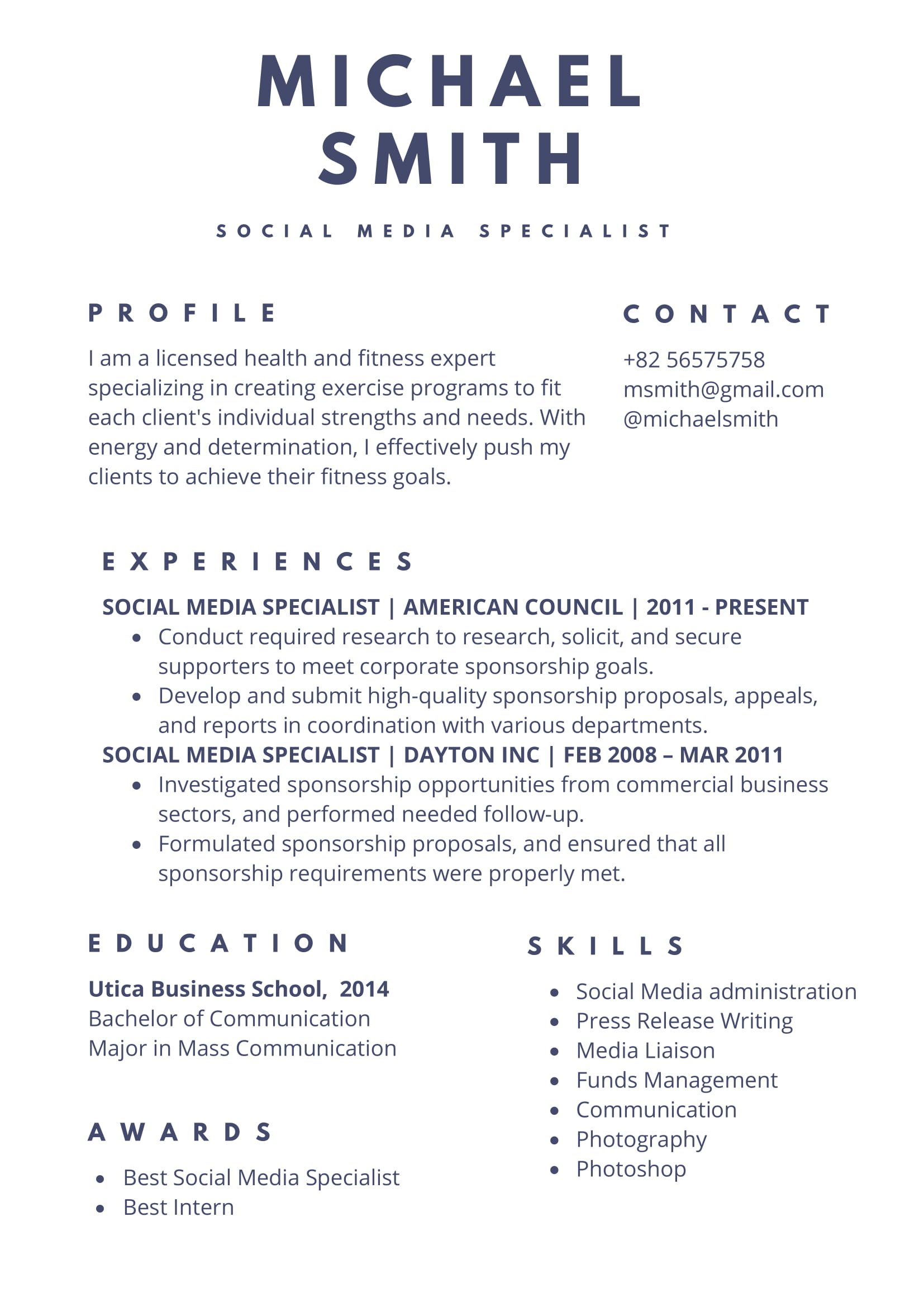 Free Social Media Specialist Resume Template with Clean Design