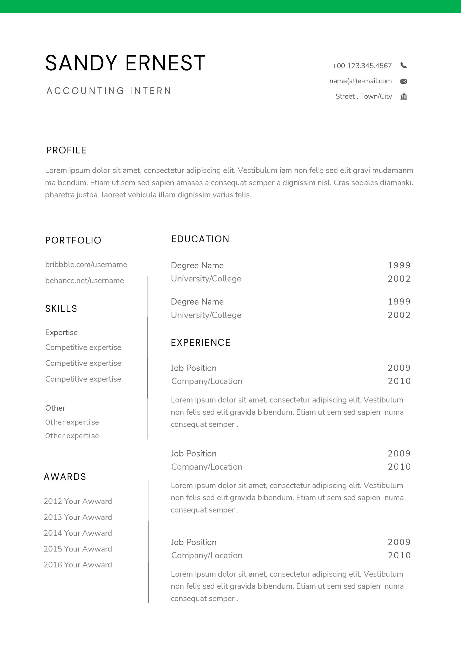Free Accounting Intern Resume Template for Job Seeker