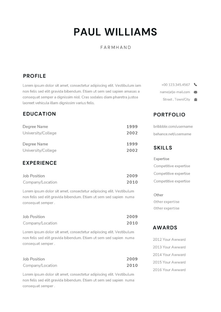 Free Farmhand Resume Template with Example for Job Seeker