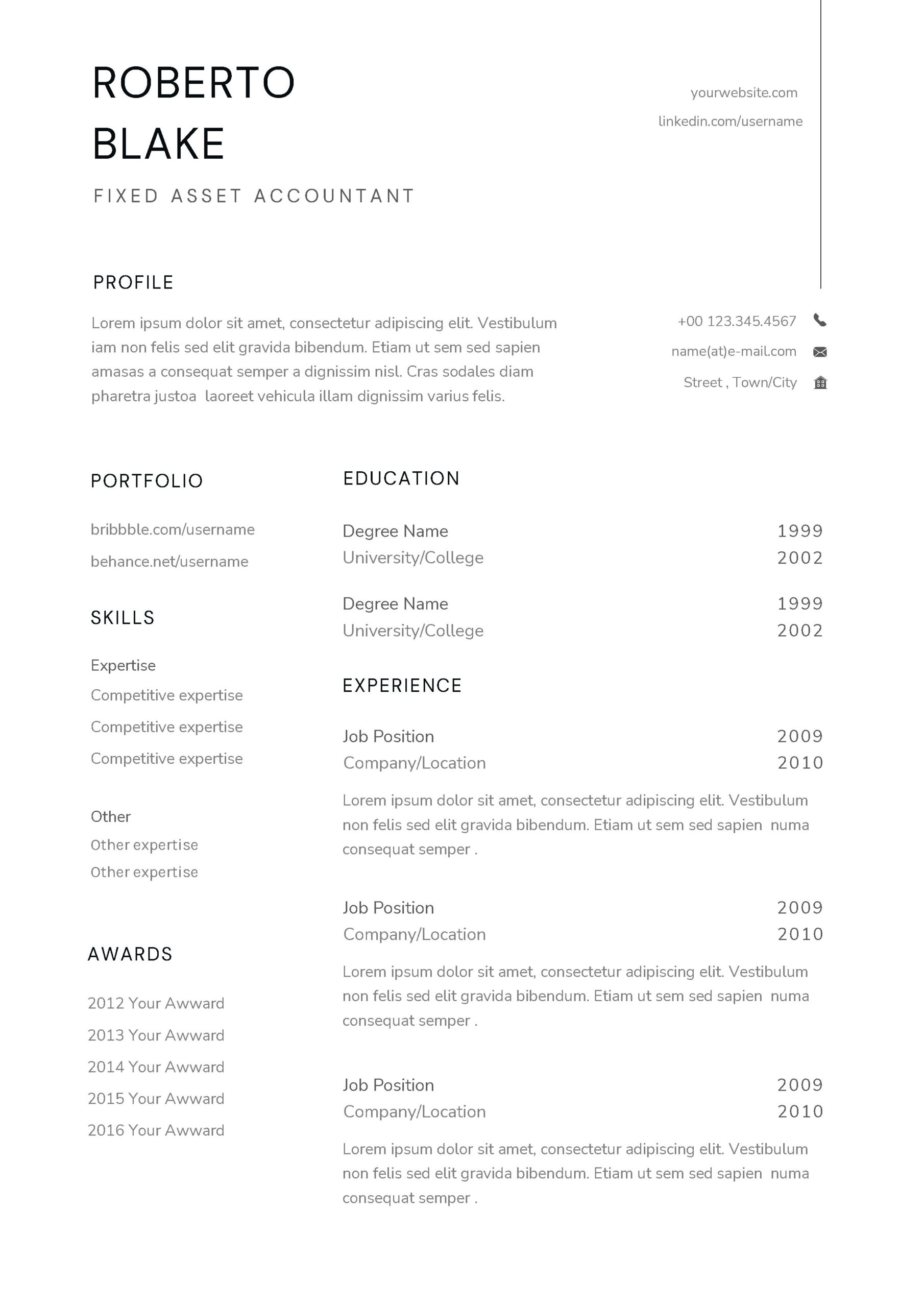 Free Fixed Asset Accountant Resume Template with Example for Job Seeker