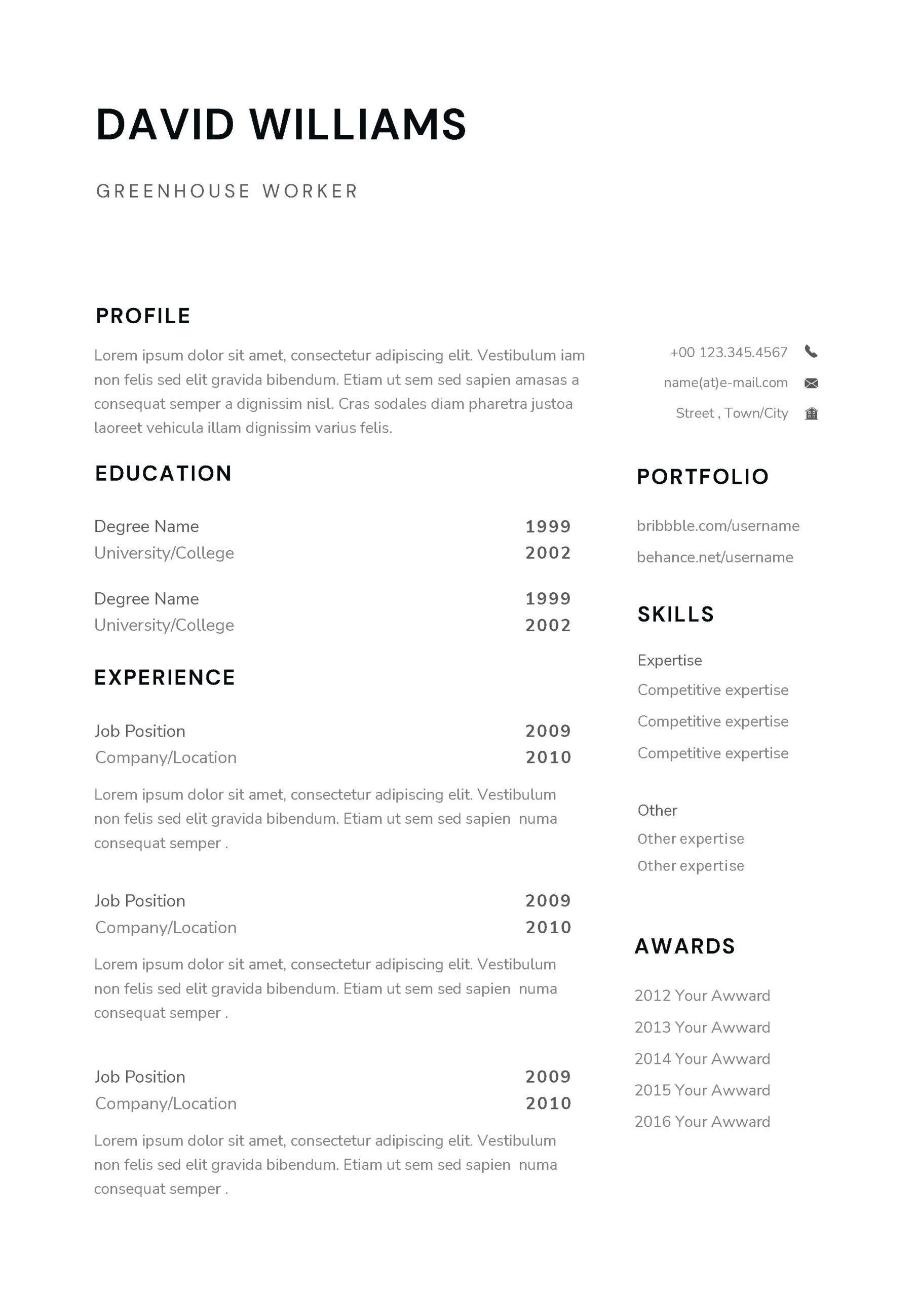 Free Greenhouse Worker Resume Template with Example for Job Seeker